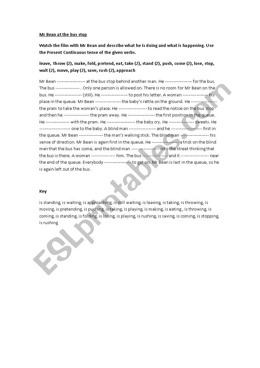 Mr Bean at the bus stop - ESL worksheet by yiannos