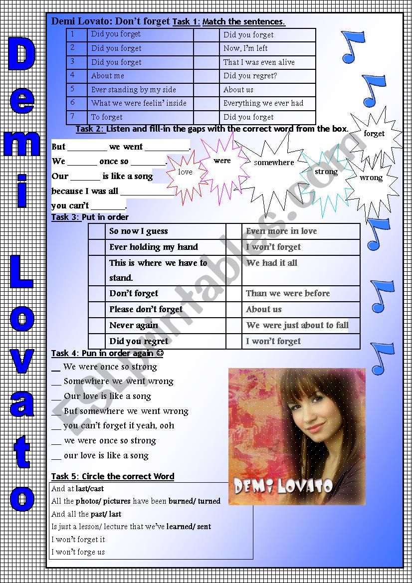 Don´t forget (Demi Lovato) - ESL worksheet by Meyling