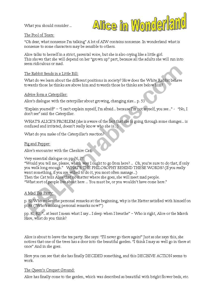 Alice Adventure´s in Wonderland - ESL worksheet by petsch