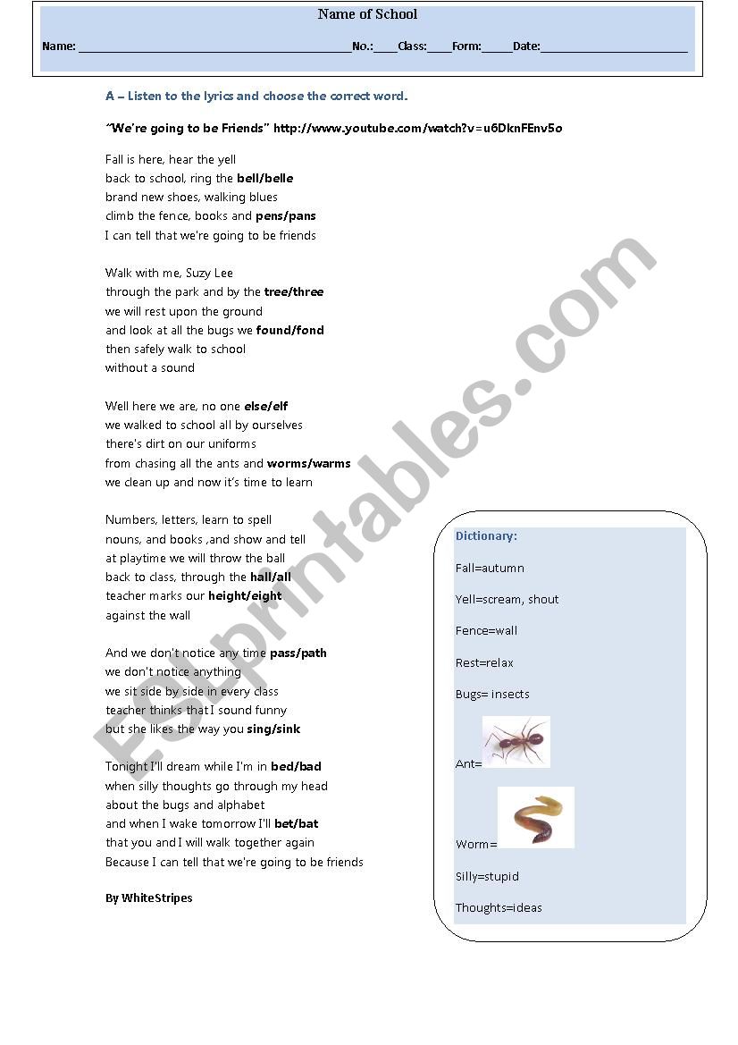 Lyrics: "We´re going to be friends" - ESL worksheet by dafodil