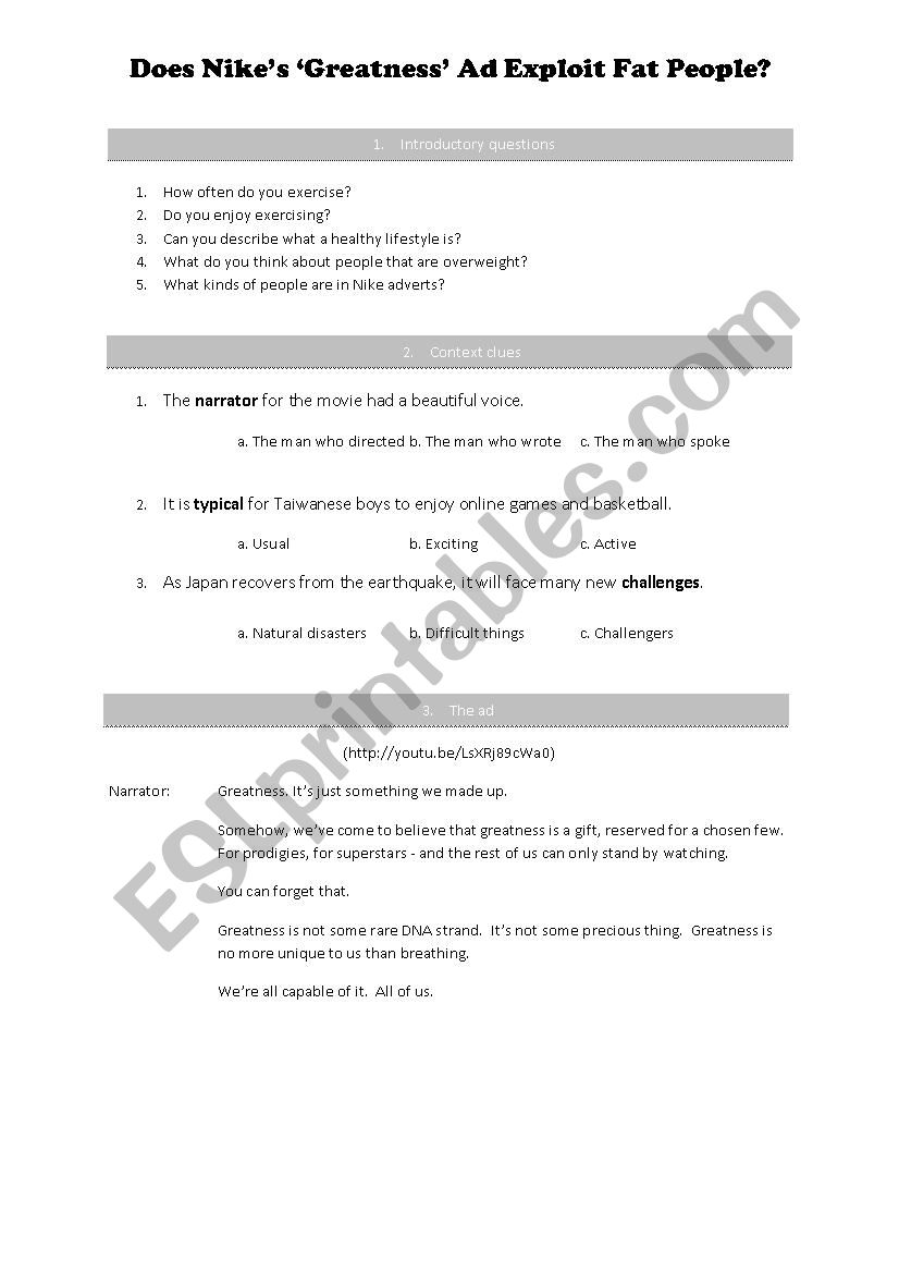 Does Nike’s ‘Greatness’ Ad Exploit Fat People? - ESL worksheet by ...