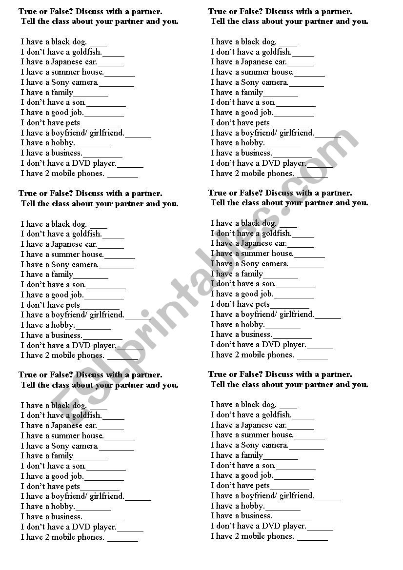I have/ i don´t have True or False - ESL worksheet by olgasosnina