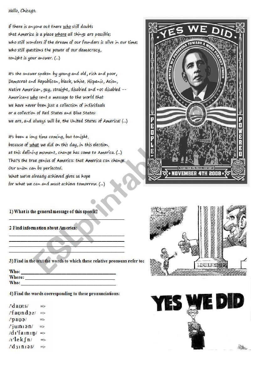 Obama´s victory speech - ESL worksheet by stabilojeff