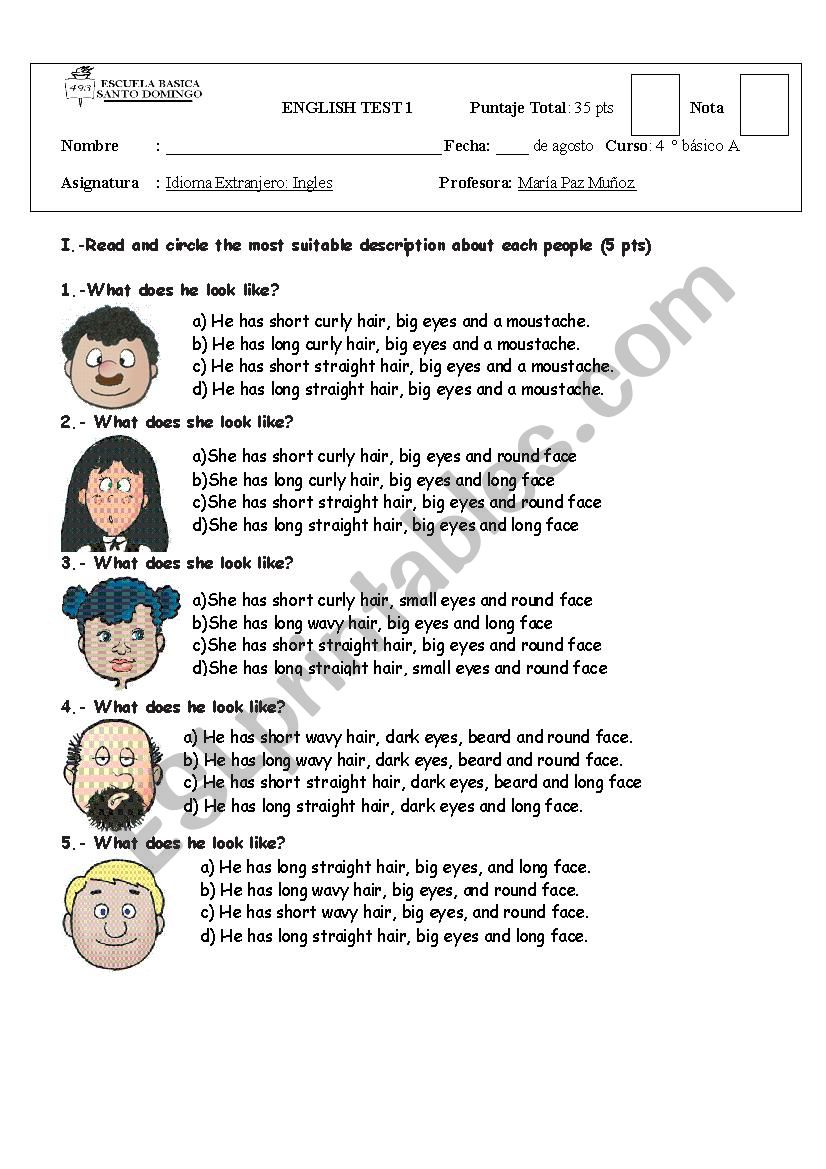 Describing People´s Face - ESL worksheet by pachita0719
