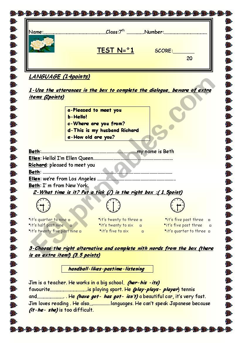 TEST N=° 1 7TH FORM TUNISIAN EDUCATIONAL SYSTEM - ESL worksheet by RIME