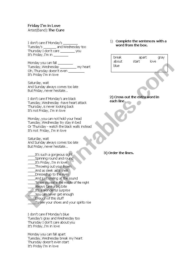 FRIDAY I´M IN LOVE - ESL worksheet by ceciliaolivera