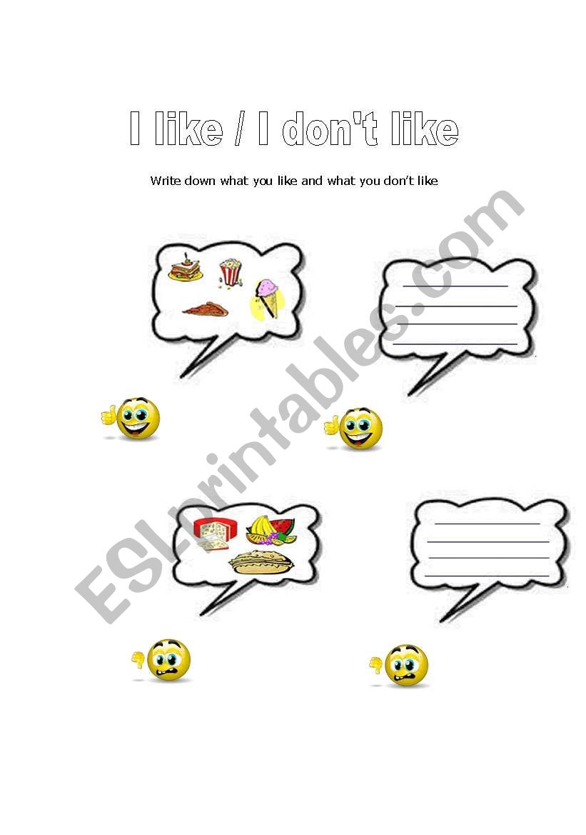 English worksheets: I like / I don´t like