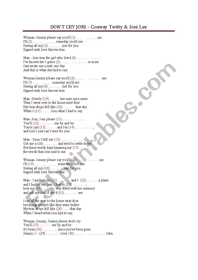 Songs for Past Simple: Don´t cry Joni - ESL worksheet by thuydang81088
