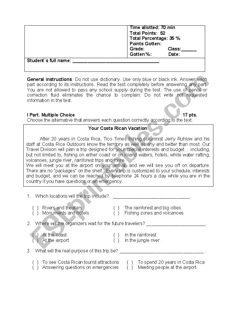 Reading Comprehension Test ESL Worksheet By Elkinm