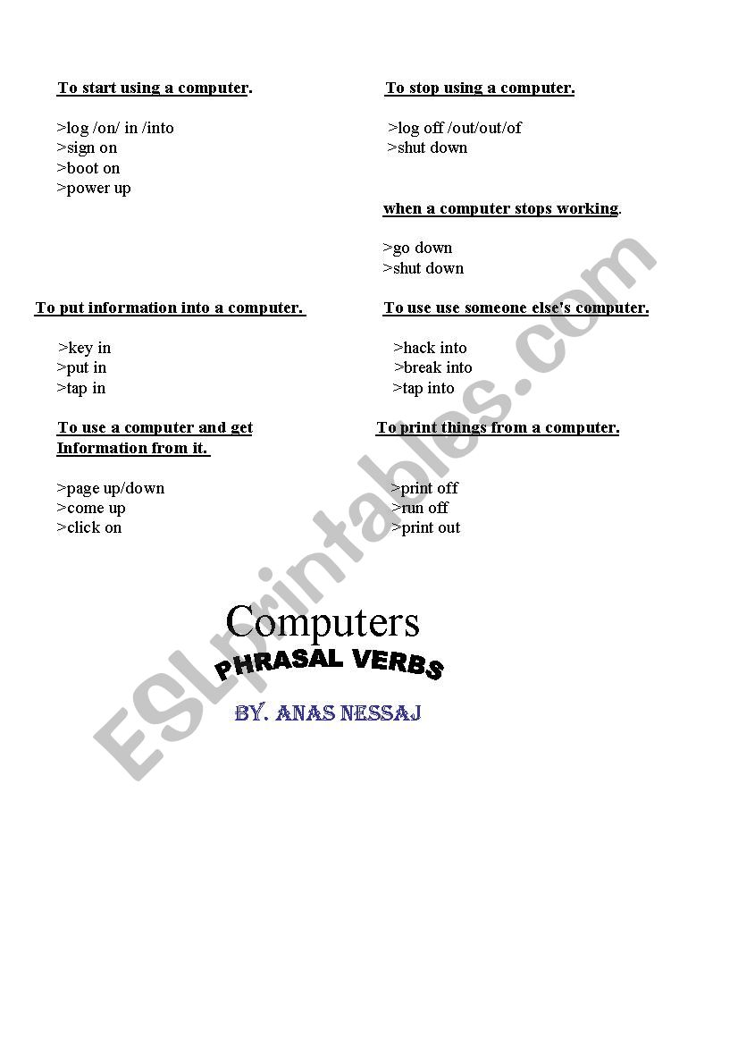 Computer´ Phrasal Verbs - ESL worksheet by nessaj