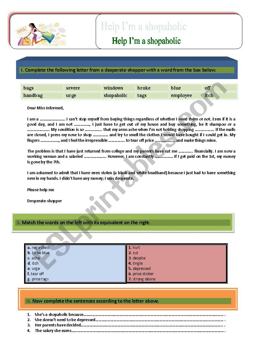 Help! I´m a shopaholic. - ESL worksheet by roberta55