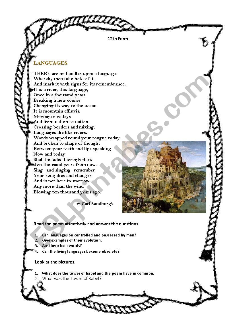 Poem by Carl Sandburg´s and Tower Babel - ESL worksheet by isamira