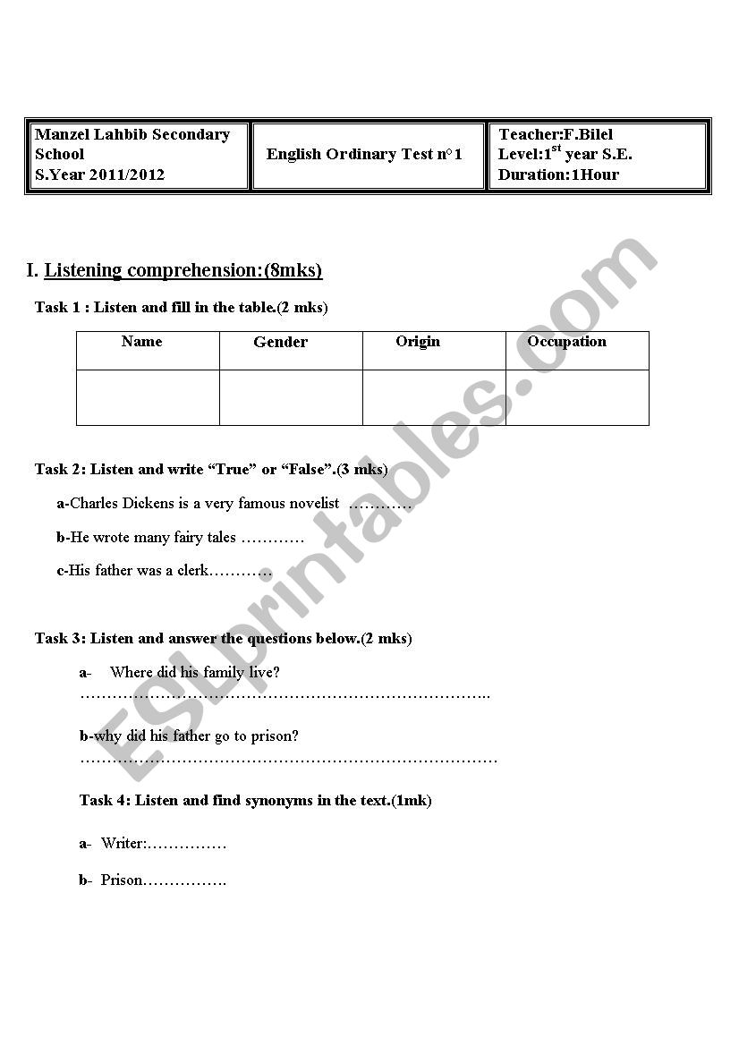 Ordinary test n°1 - ESL worksheet by englishteacherfaleh