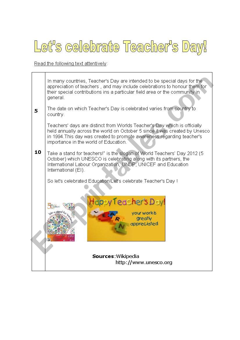 Teacher´s Day!Let´s celebrate it! - ESL worksheet by portugueseteacher