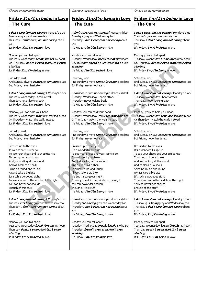 Friday I´m in Love by The Cure - ESL worksheet by pylypivska