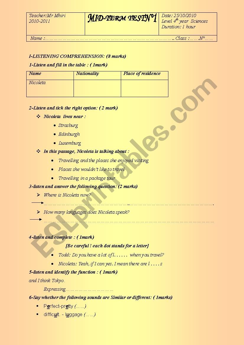 MIDTERM TEST N°1 - ESL worksheet by mohamed mhri