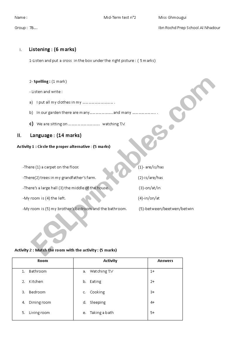mid term test n°2 for the 7th form - ESL worksheet by brionytallis