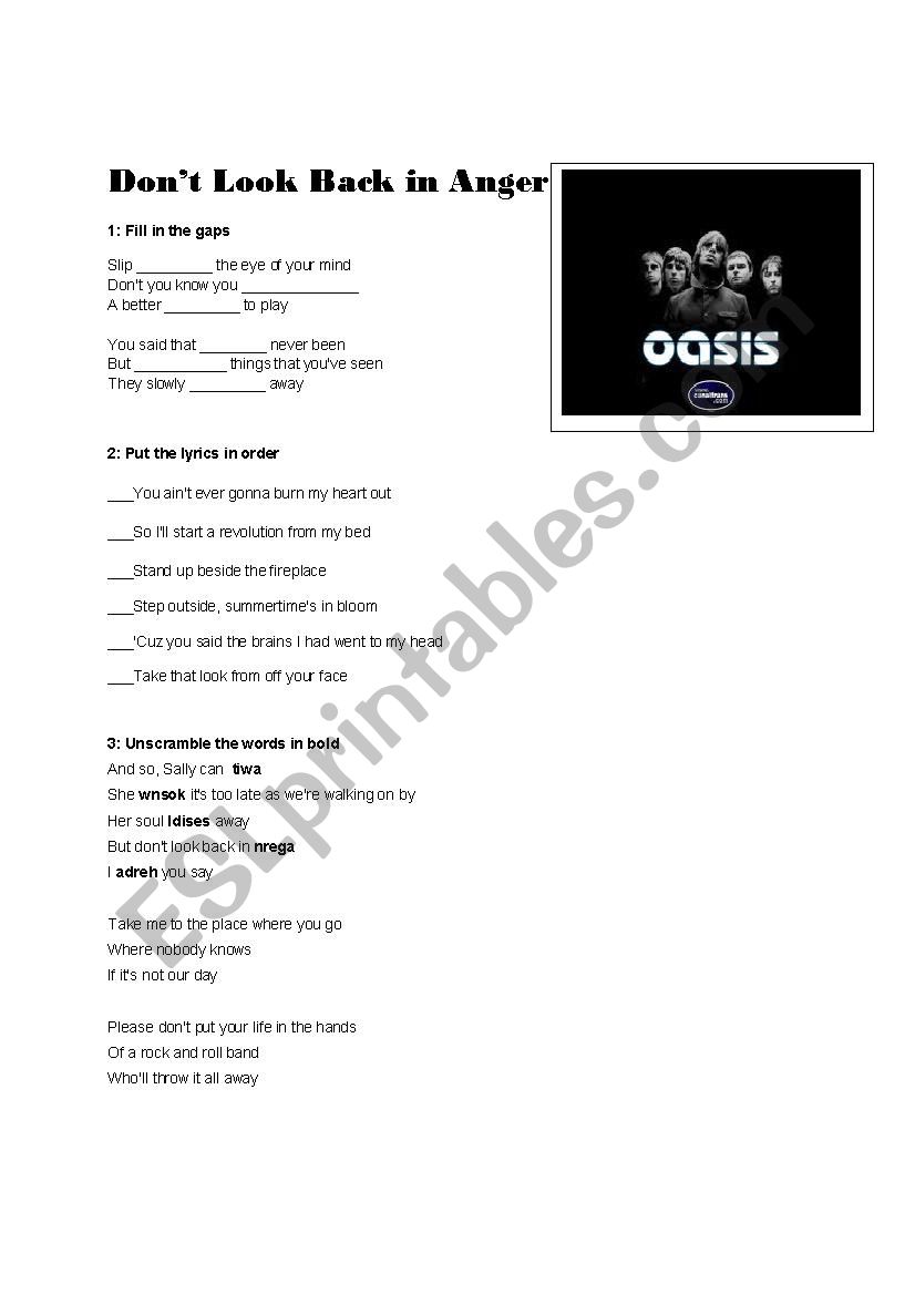Don´t look back in anger Oasis - ESL worksheet by gazj60