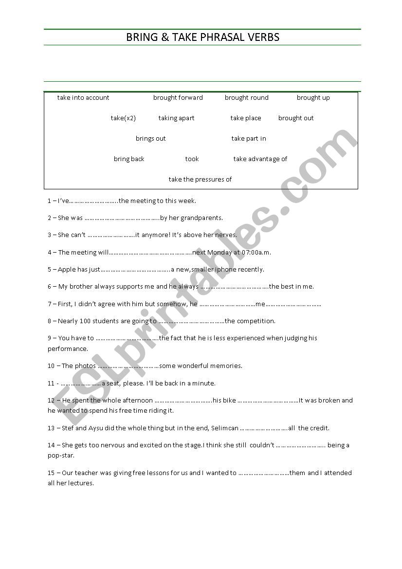 brýng & take phrasal verbs - ESL worksheet by yesims