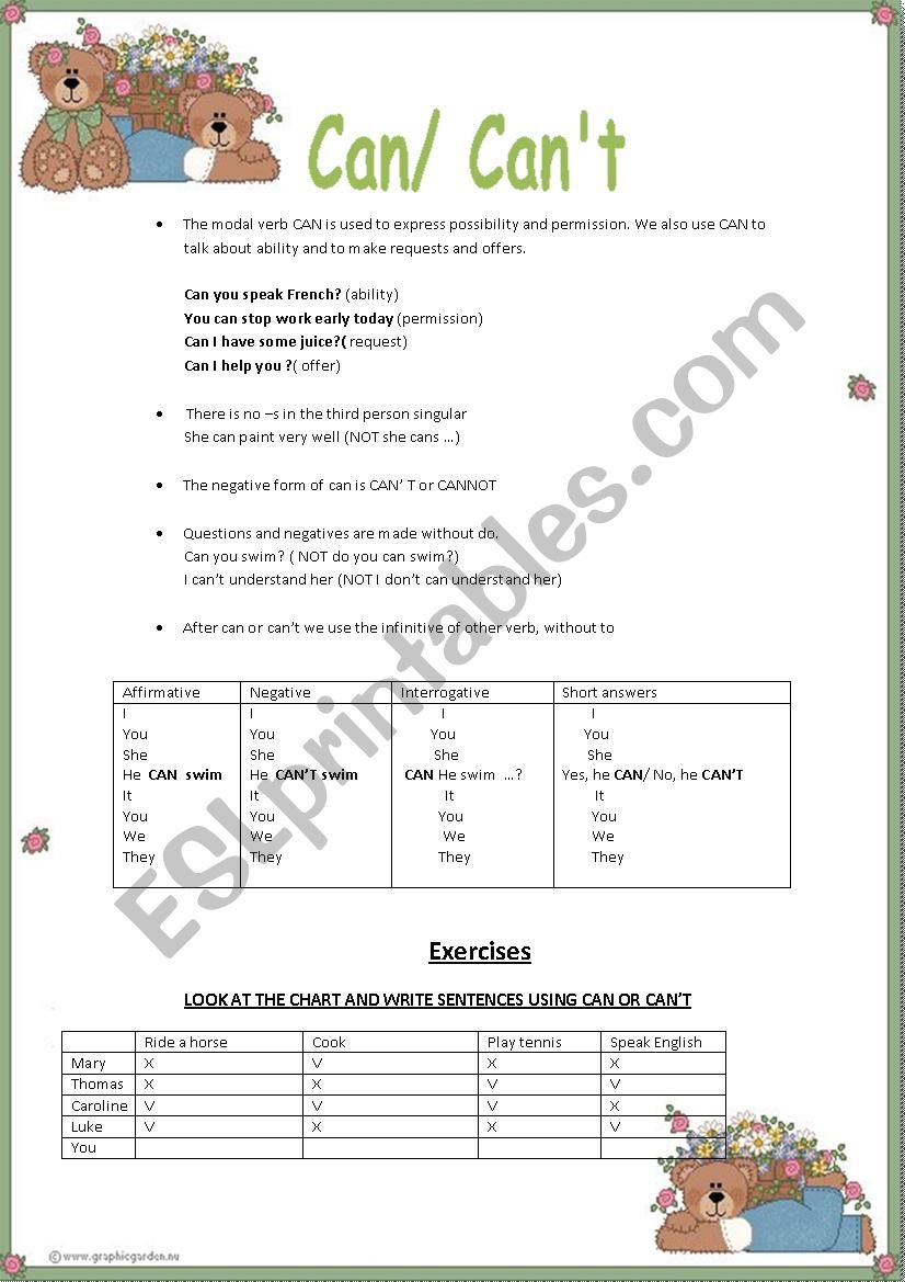 Can or can´t - ESL worksheet by mblucc