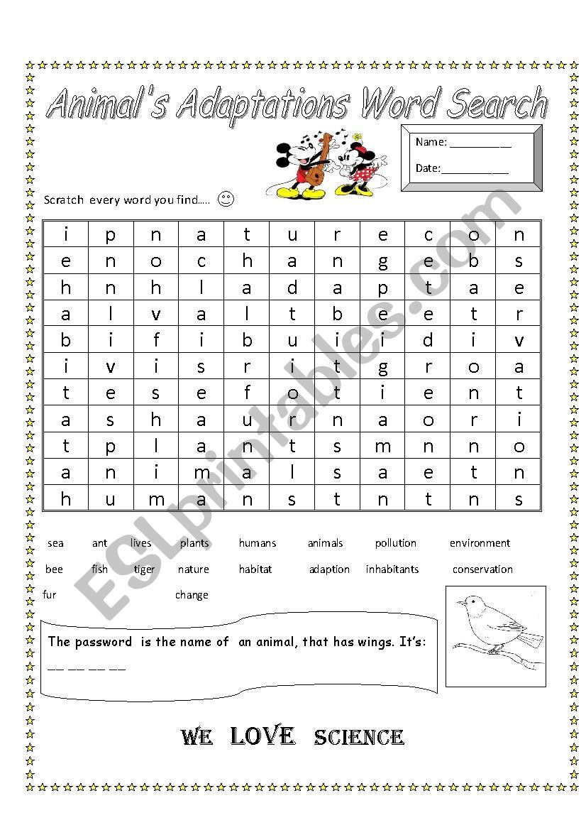 animalÂ´s adaptations word search - ESL worksheet by sadeel