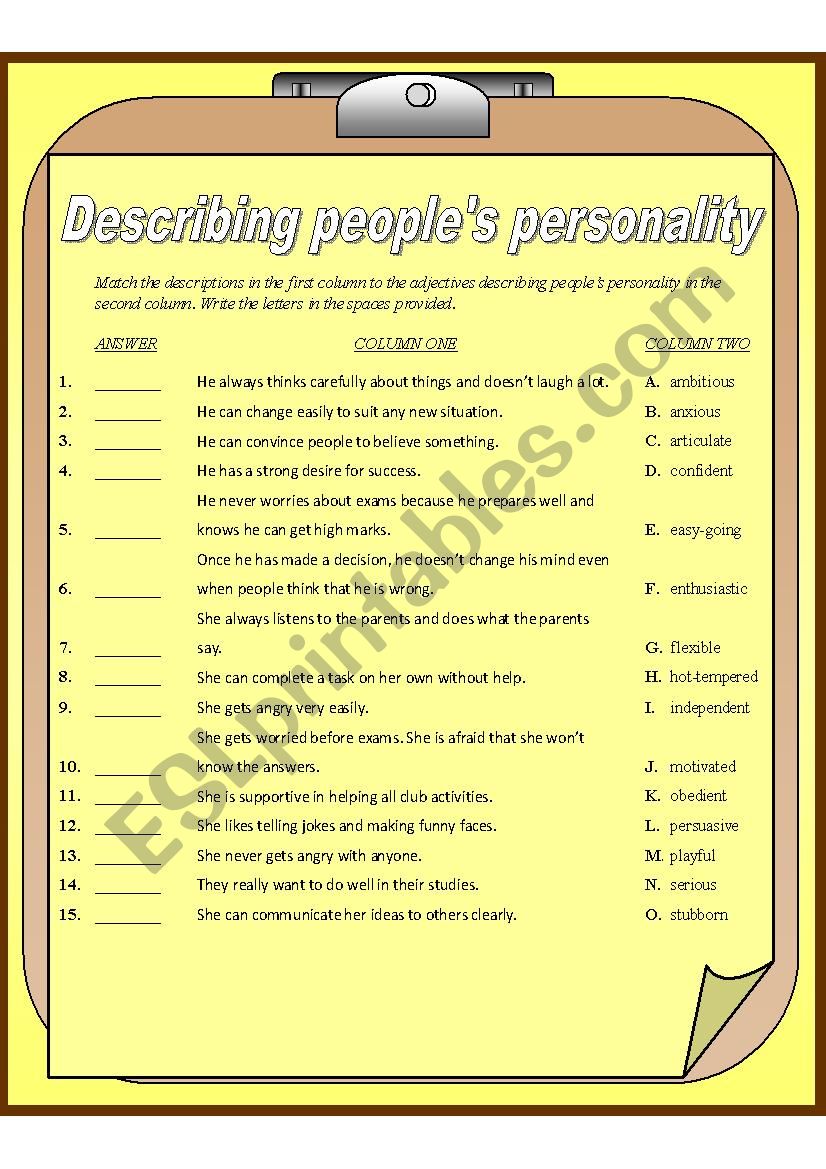 Describing People´s Personality - ESL worksheet by chucl