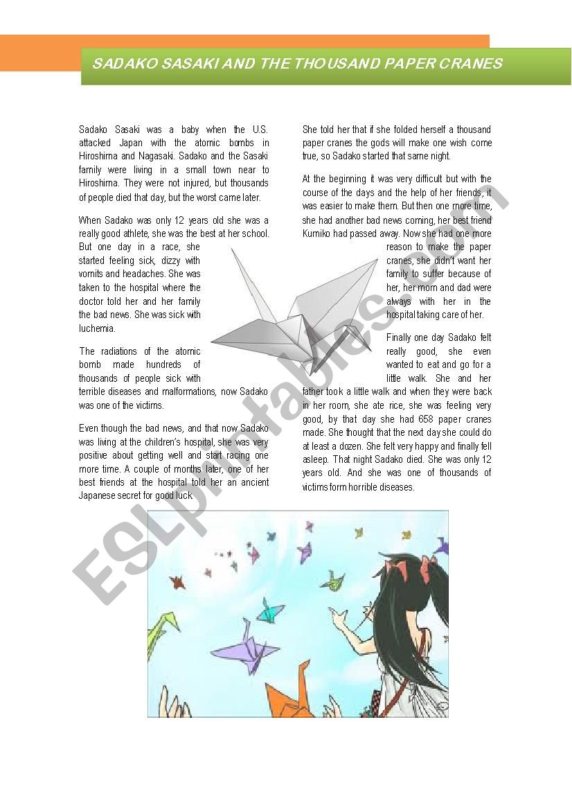 Sadako Sasaki´s Story - ESL worksheet by miss sahender