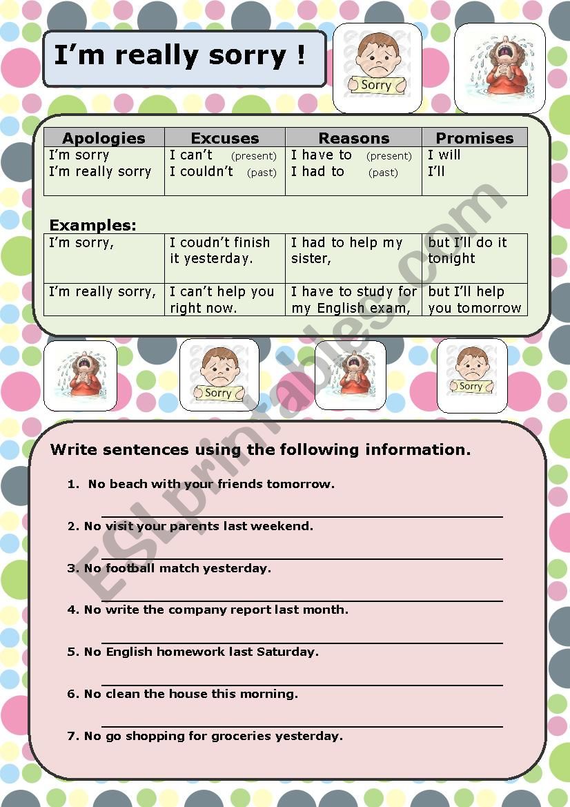I´m really sorry! - ESL worksheet by rosariodf