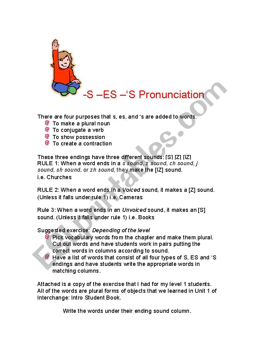 S, ES, and ´S endings Rules and worksheet - ESL worksheet by lmahloy