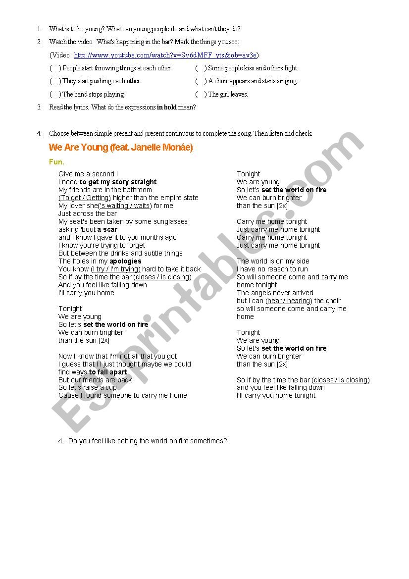 ´We Are Young´ Song Activity - ESL worksheet by gabisemensato