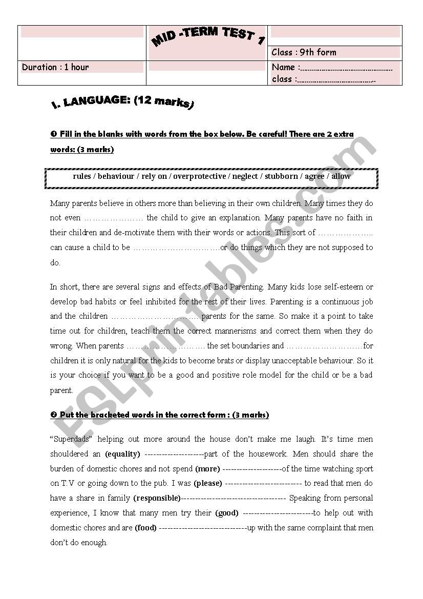 mid term test N°1 (9th form) - ESL worksheet by sa3ida