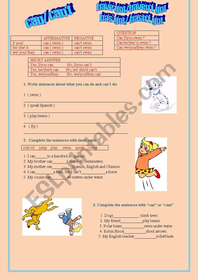 CAN/ CANÂ´T / HAVE GOT/ HAS GOT - ESL worksheet by 91patii