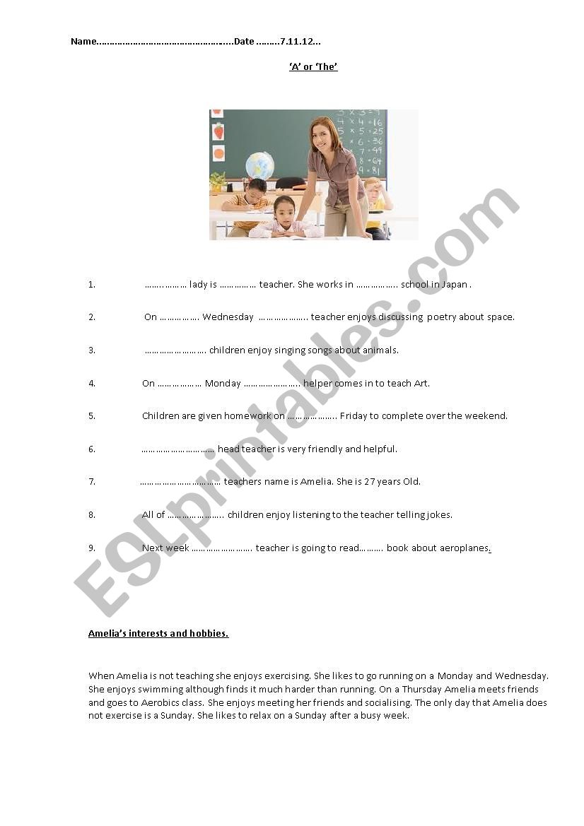 ´a´ or´ the´ worksheet - ESL worksheet by corky101