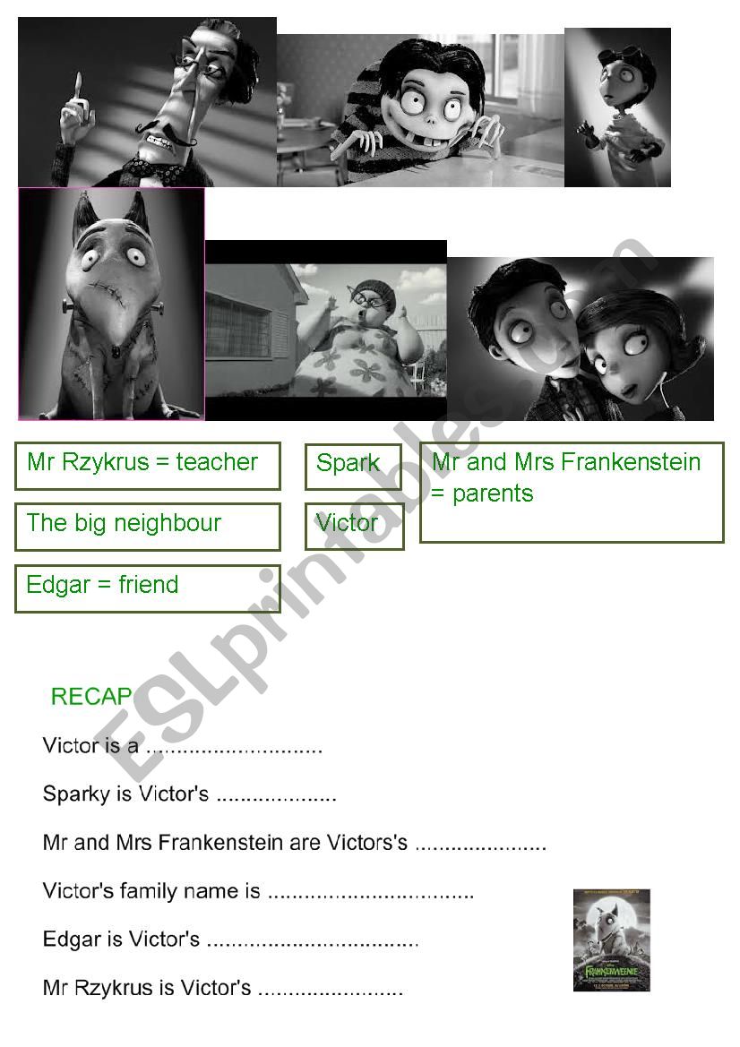 Frankenweenie´s characters - ESL worksheet by caro03