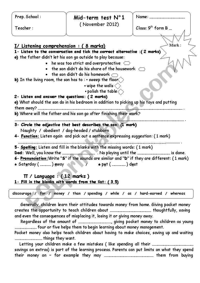 9th form test N°1 - ESL worksheet by sallem