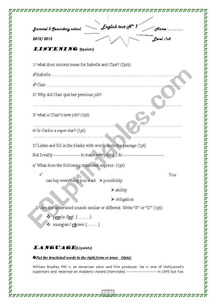 english test n°1 - ESL worksheet by ladyrosa