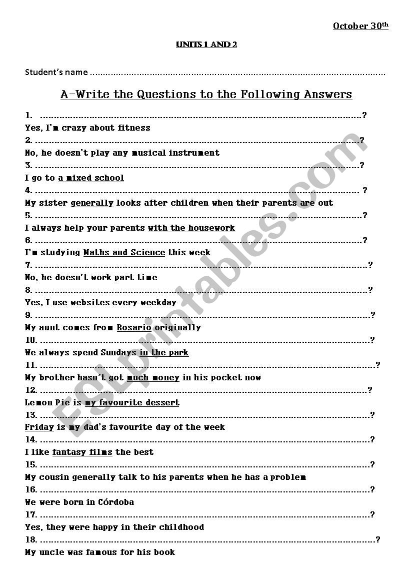 Write the questions to these answers - ESL worksheet by Miss euge Write the questions to these answers - ESL worksheet by Miss euge