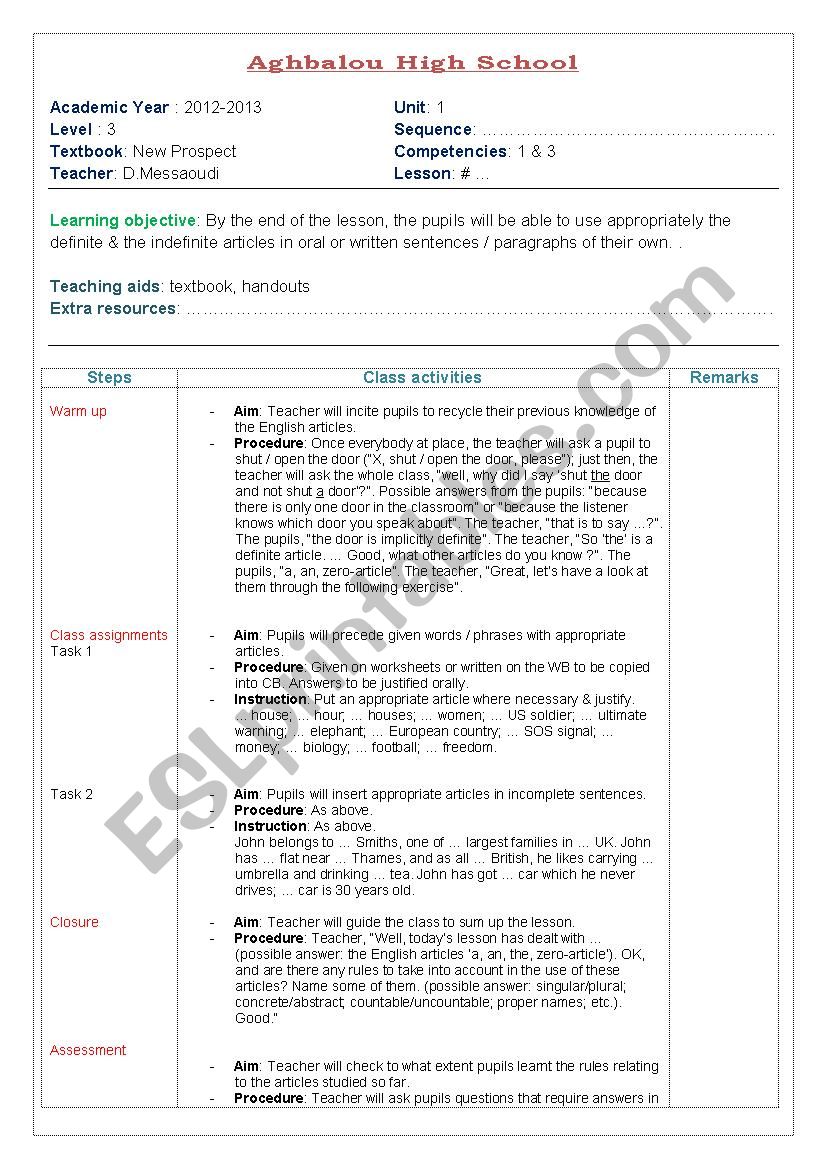 A Simplified Lesson Plan Model Sheet ESL Worksheet By Messdjef