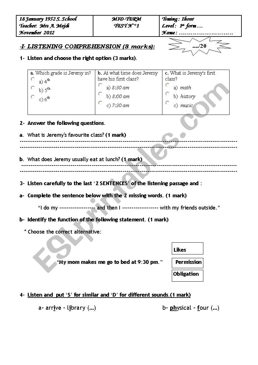 1st form Mid-term test n°1 - ESL worksheet by lua jzr