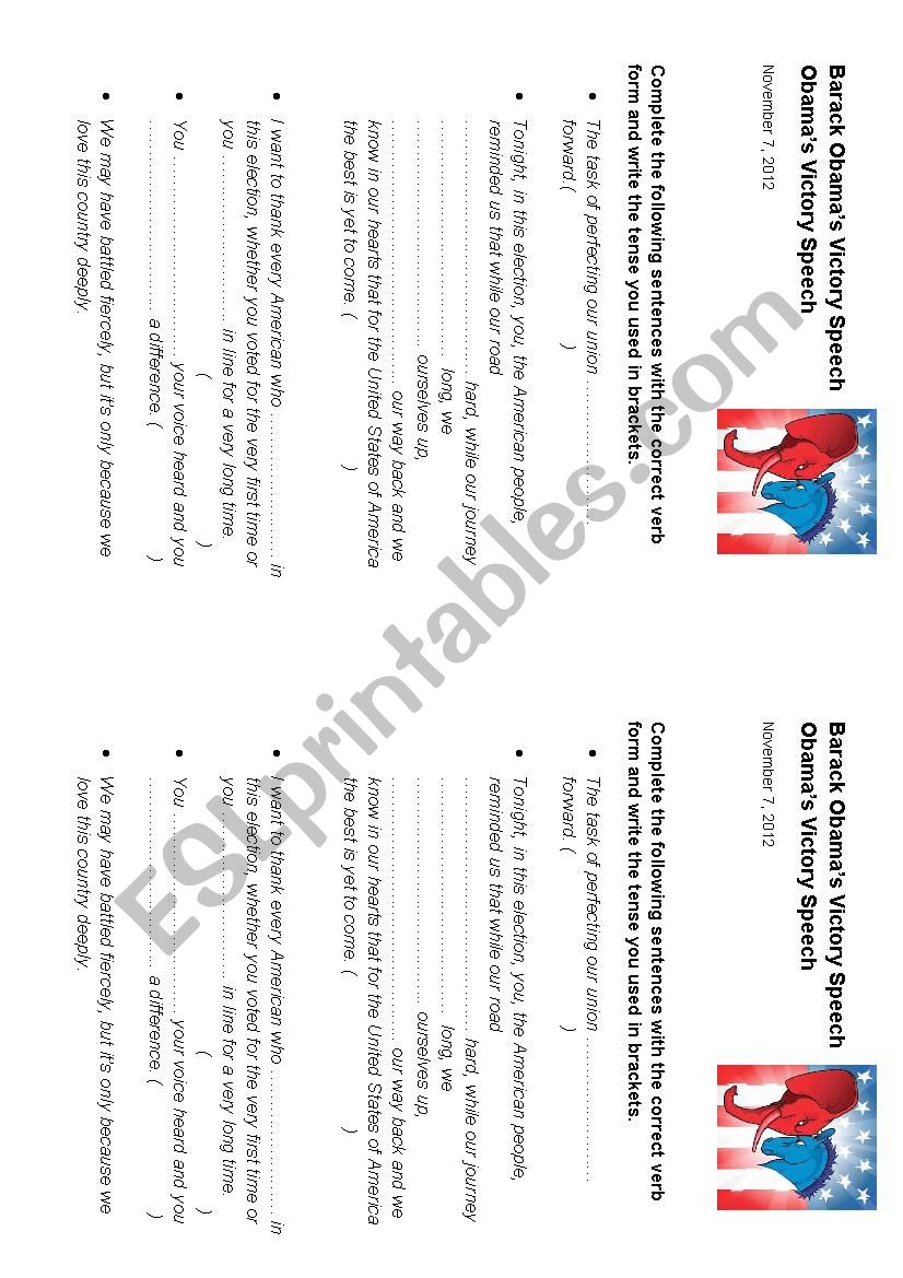 Obama´s Victory speech - 2012 Election - ESL worksheet by E.Wutzlhofer
