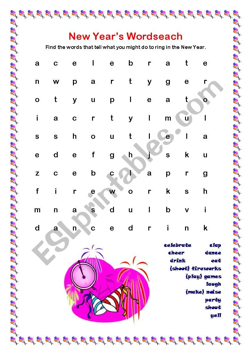 New Year´s Wordseach - ESL worksheet by margo2385