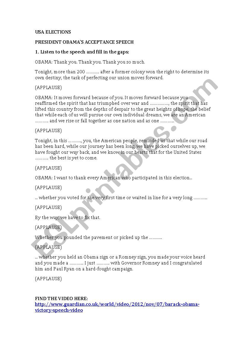 Obama´s victory speech - ESL worksheet by surima08