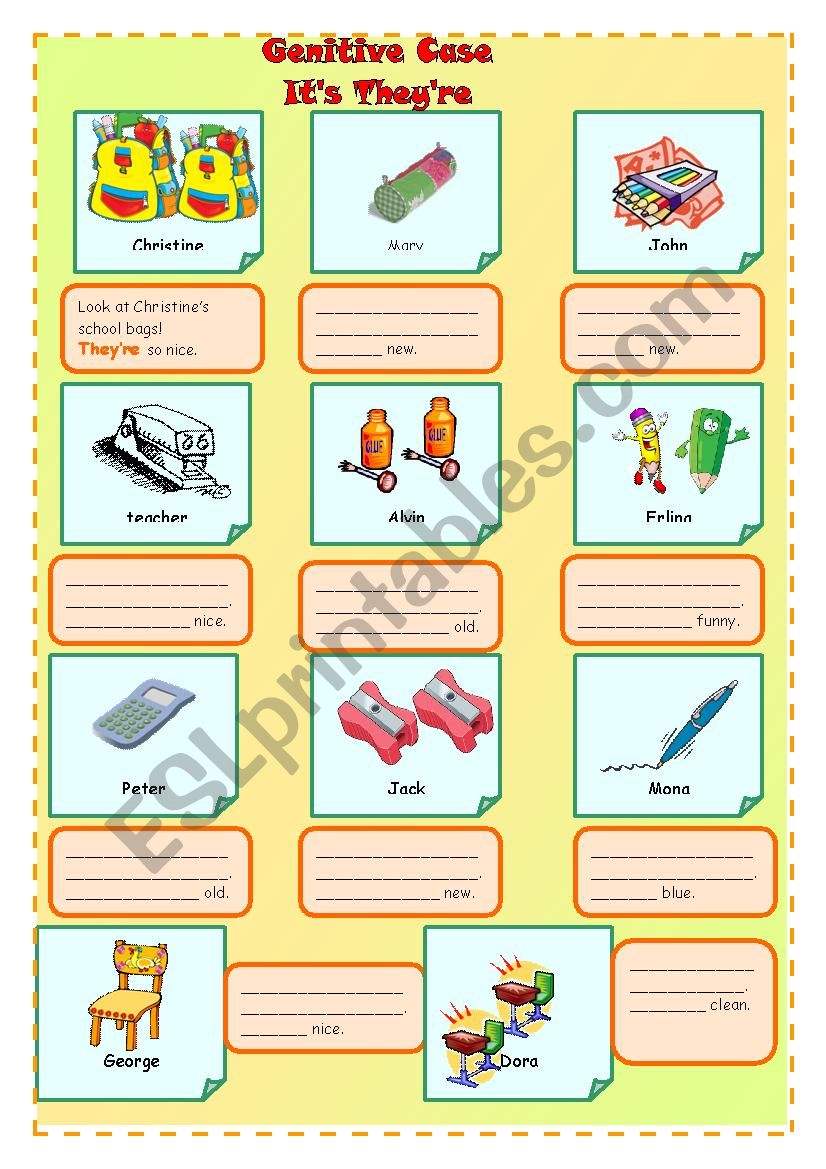 Genitive case/It´s - They´re/School Objects - ESL worksheet by natval