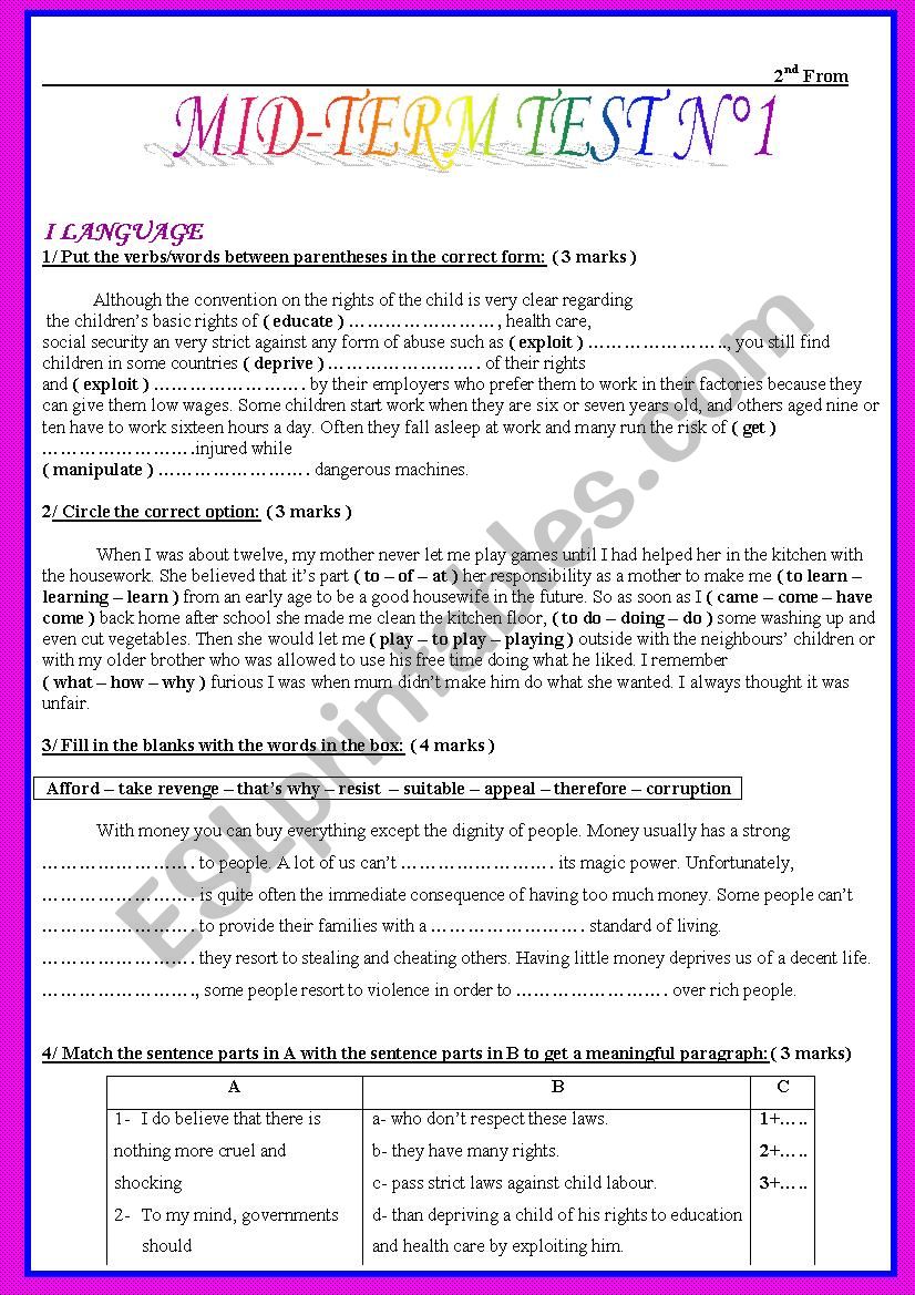 Mid-Term Test N°2 part 1 - ESL worksheet by nesso ness