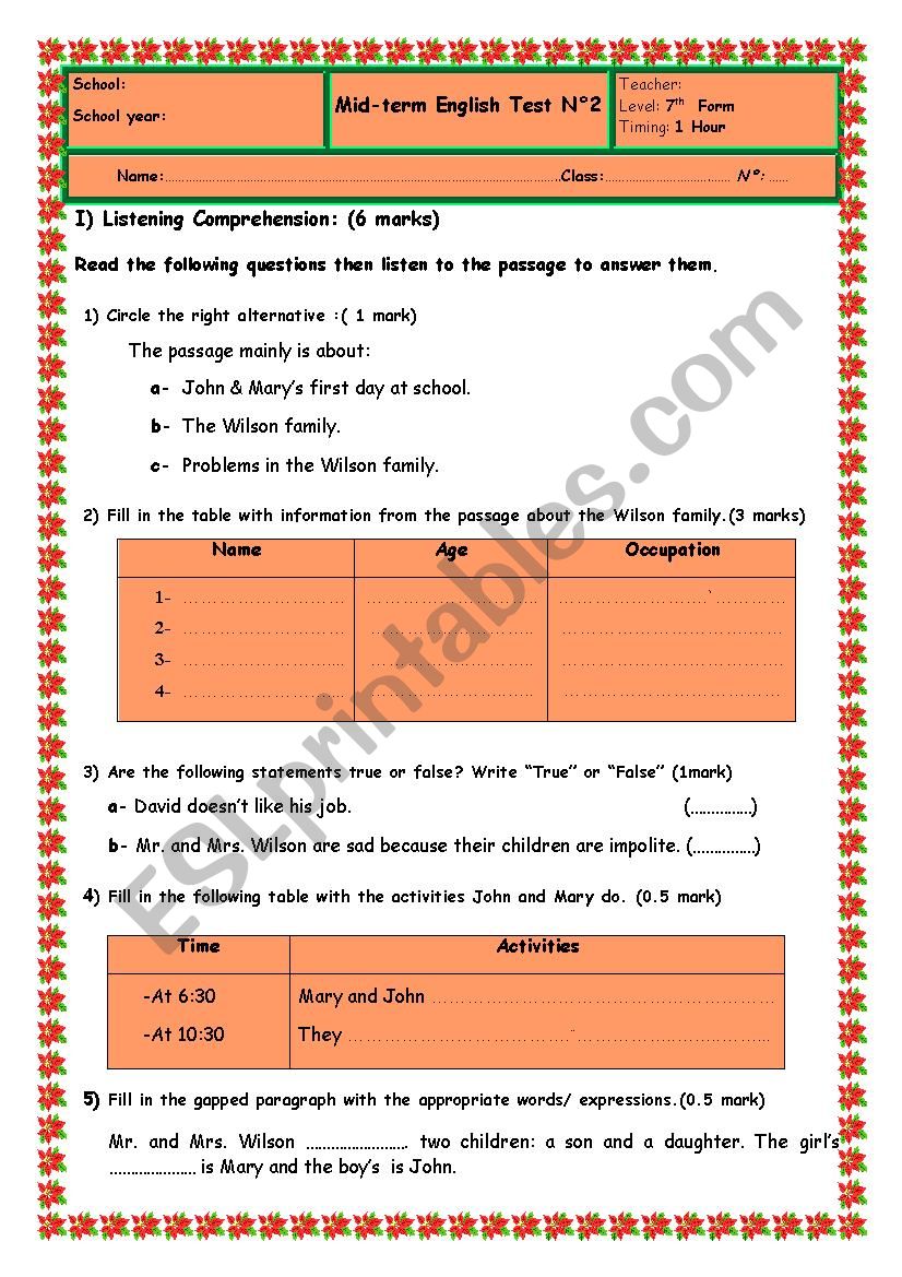 Mid-term English Test N°2 7th Form - ESL worksheet by fatma tababi