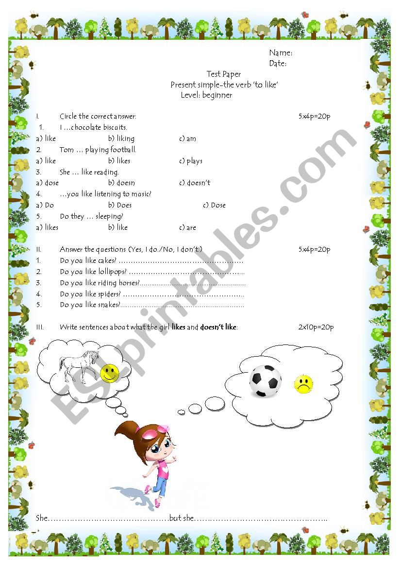 Test paper: ´to like´ - ESL worksheet by nemomen
