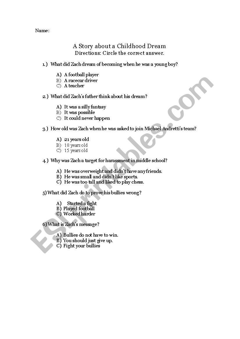 Zach´s Multiple Choice - ESL worksheet by Cassie05