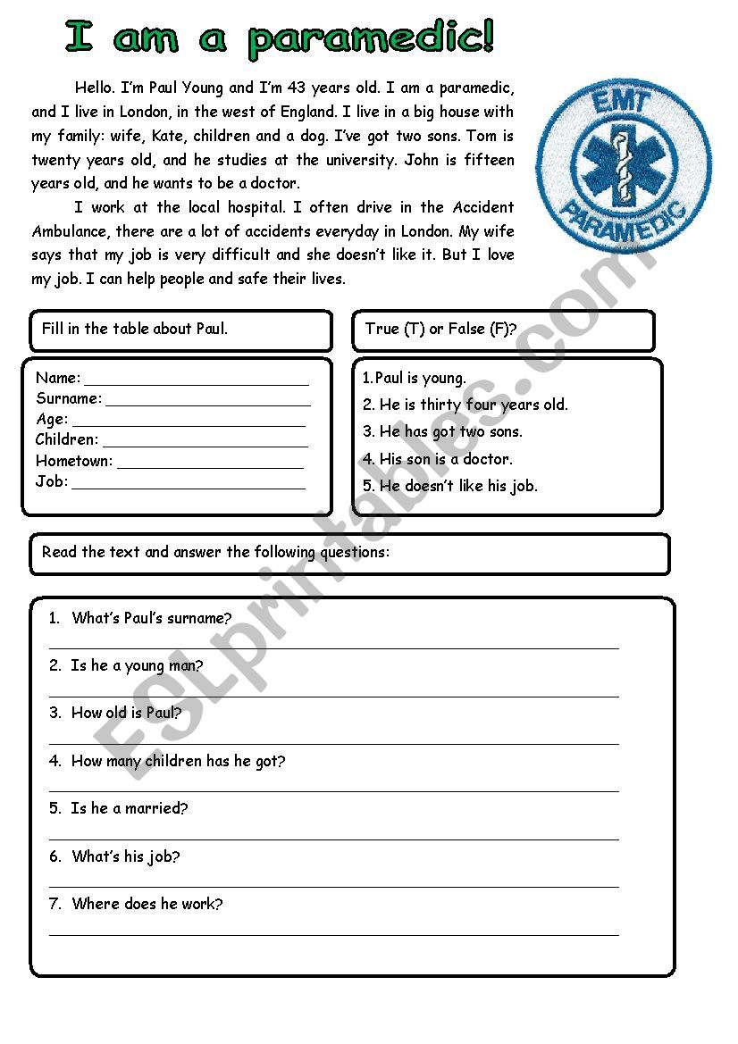 I´m a paramedic. Present Simple reading. - ESL worksheet by Magda7583