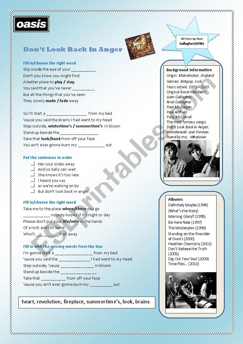 Oasis - Don´t Look Back In Anger - ESL worksheet by katripyy