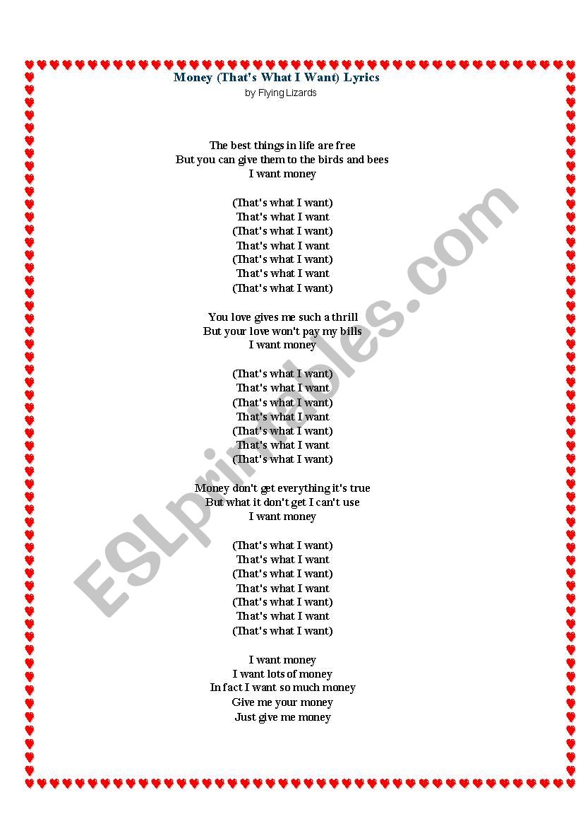 Present simple song Money-that´s what I want (listening + writing ...
